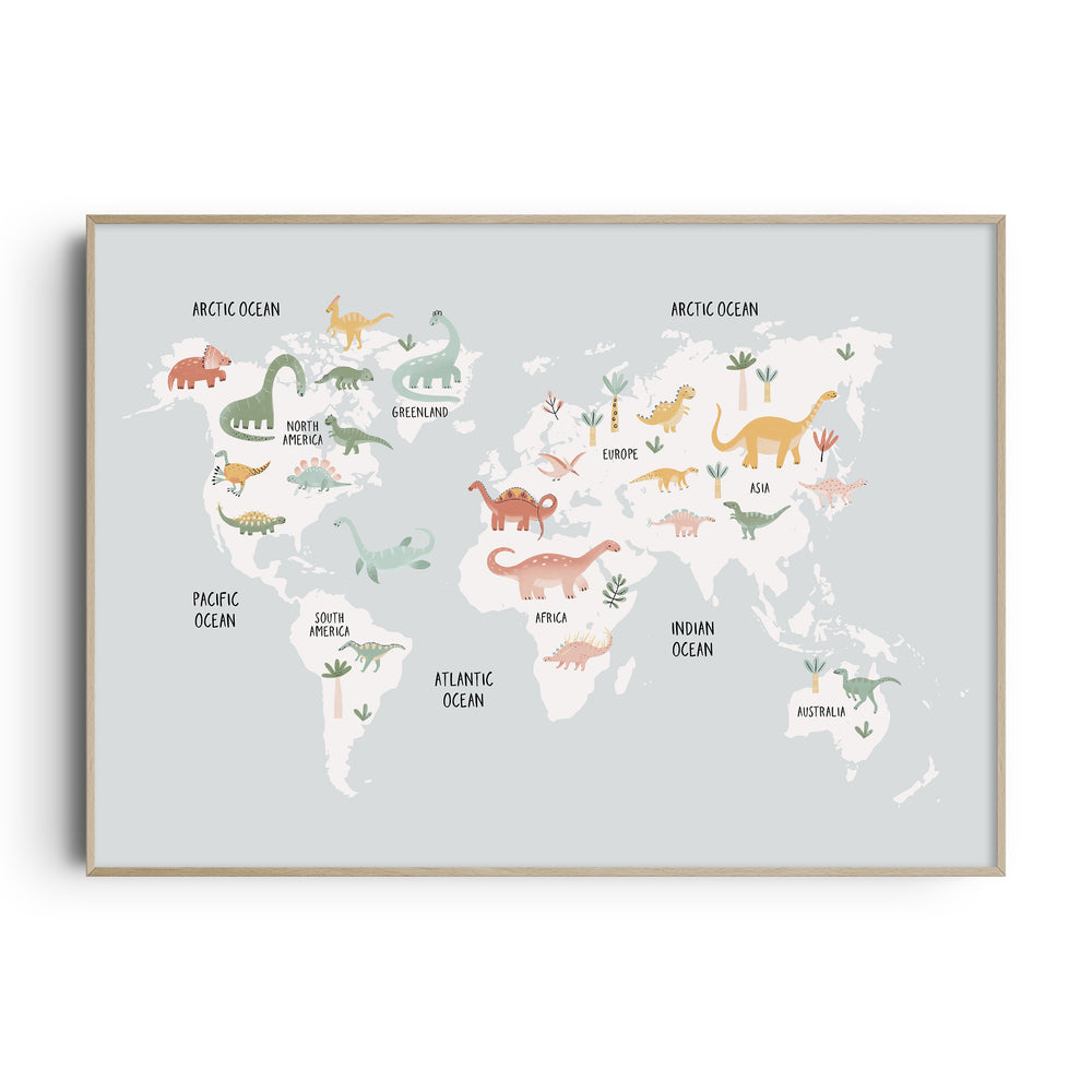 Dinosaur World Map Wall Art | Nursery Print | The Kids Print Store