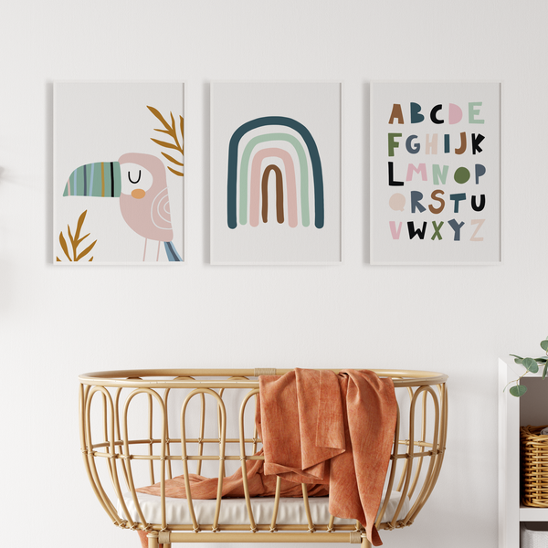 Toucan, Rainbow & Alphabet Prints | Girls Tropical Nursery Wall Art